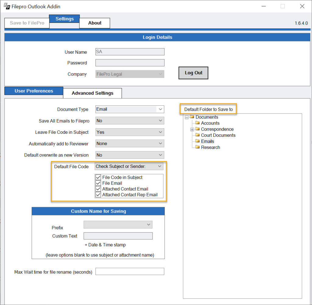 Outlook Settings - FilePro Legal Practice Management Software